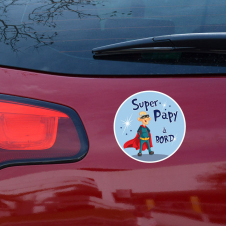 Sticker voiture Super Papy à bord. Sticker adhésif voiture pour papi.