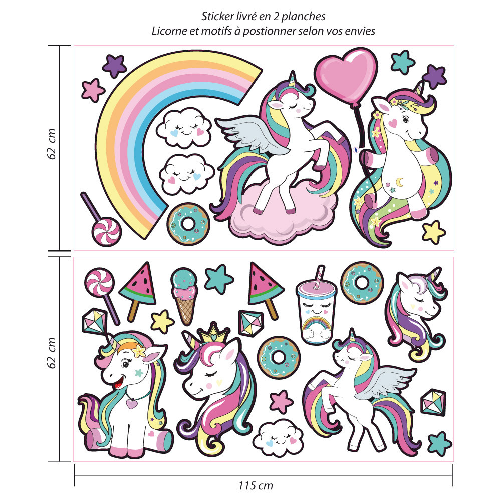Stickers Licornes. Décoration Chambre Fille Thème Licorne, Arc en Ciel