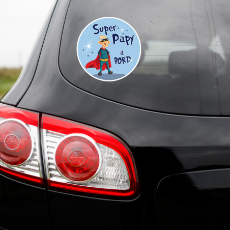 Sticker voiture Super Papy à bord. Sticker adhésif voiture pour papi.