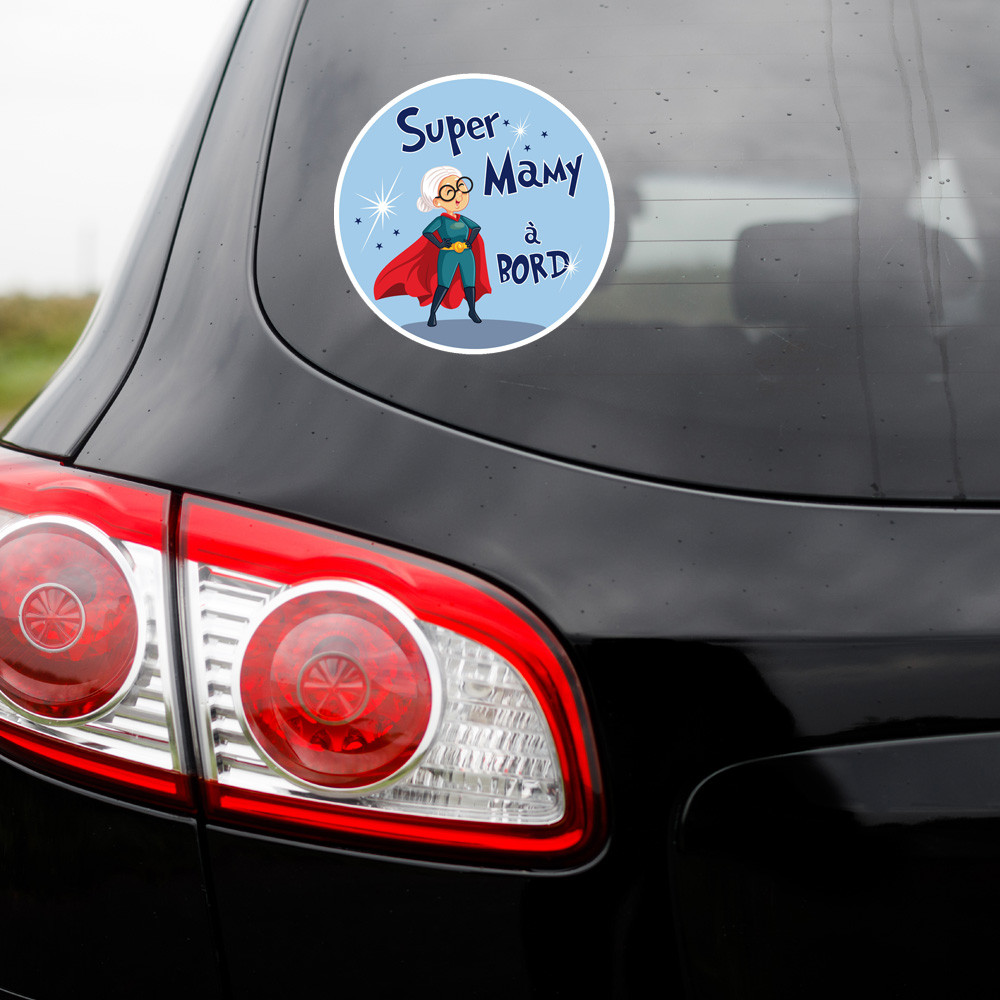Sticker voiture Super Mamy à bord. Autocollant voiture pour mamie.