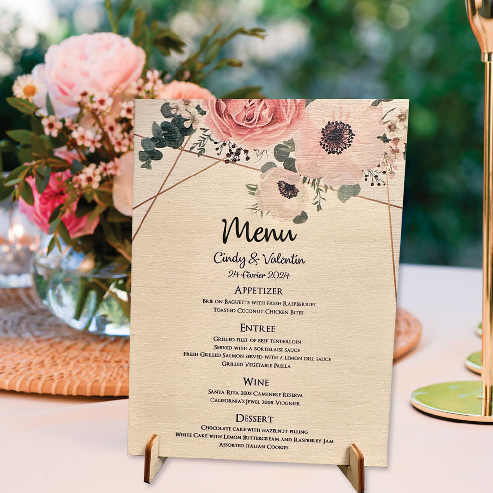 Menu de mariage en bois personnalisable avec socle Fabrication Française